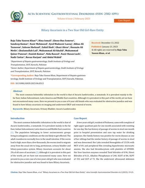 Pdf Biliary Ascariasis In A Two Year Old Girl Rare Entity
