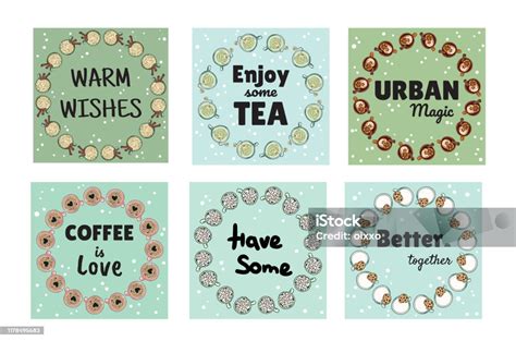 커피와 차 한 잔과 맛있는 아늑한 배너 세트 만화 스타일의 엽서 귀여운 화환 디자인 겨울에 대한 스톡 벡터 아트 및 기타 이미지