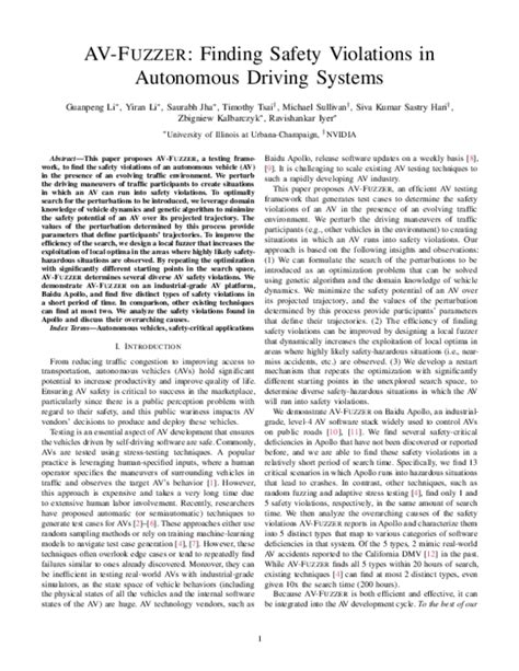 Pdf Av Fuzzer Finding Safety Violations In Autonomous Driving Systems