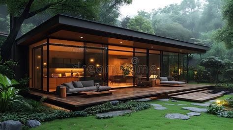 Modern Glass House Forest Setting Evening Illuminated Interior Real