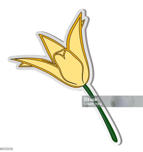 벡터 일러스트 흰색 배경에 고립 된 평면 만화 스타일의 노란색 튤립 꽃스티커 0명에 대한 스톡 벡터 아트 및 기타 이미지 0명 2차 도형 검은색 Istock