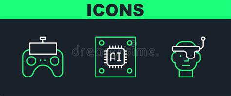 Set Line Smart Glasses Remote Control And Processor With Microcircuits Cpu Icon Vector Stock
