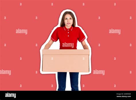 Tired Delivery Girl Is Holing A Heavy Parcel Carton Box Magazine