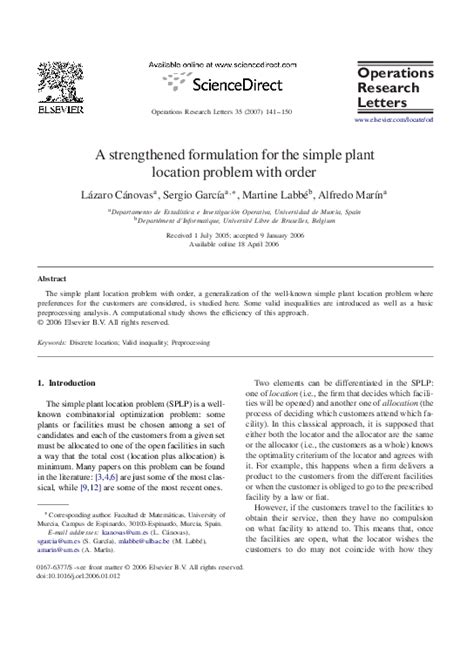 pdf a strengthened formulation for the simple plant location problem with order alfredo