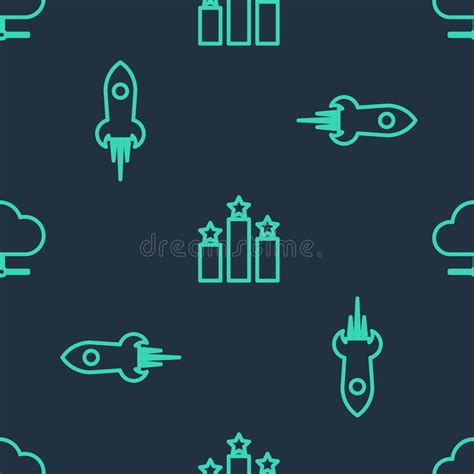 Set Line Ranking Star Rocket Ship With Fire And Network Cloud Connection On Seamless Pattern