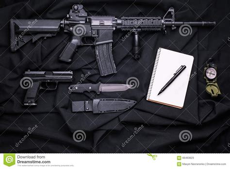 Top View On The Weapon Compass And Notepad Stock Image Image Of Desk Notebook 66463623