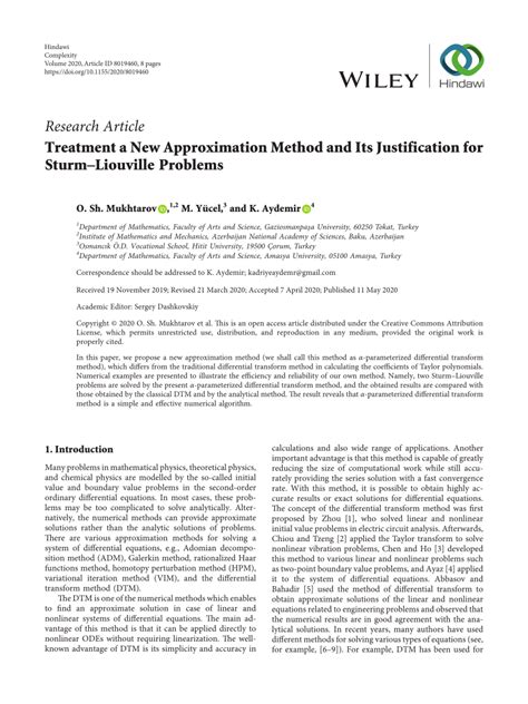 Pdf Treatment A New Approximation Method And Its Justification For Sturm Liouville Problems