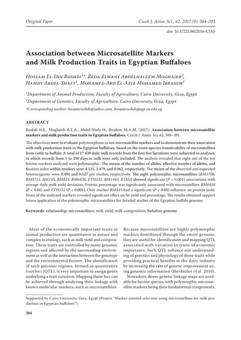 Pdf Association Between Microsatellite Markers And Milk Production Traits In Egyptian Buffaloes