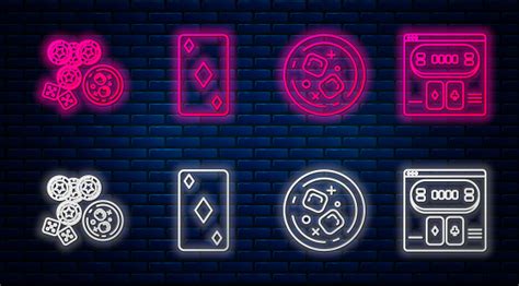 다이아몬드 기호 위스키와 얼음 조각 카지노 칩 게임 주사위와 온라인 포커 테이블 게임의 유리와 카드 게임을 설정합니다 벽돌 벽에 빛나는 네온 아이콘입니다 벡터 가능성에 대한