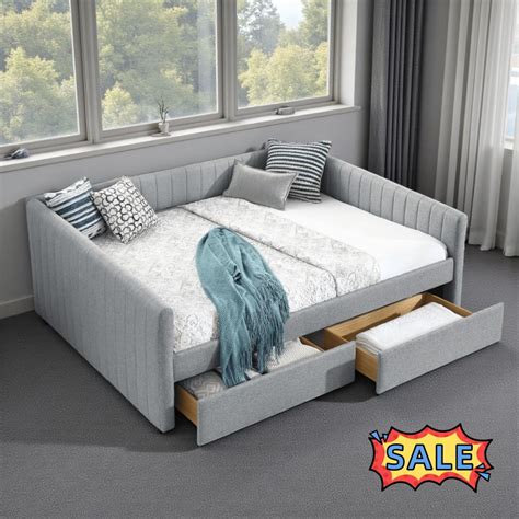 Tcbosik Upholstered Daybed Queen Size Linen Fabric Sofa Bed With 2