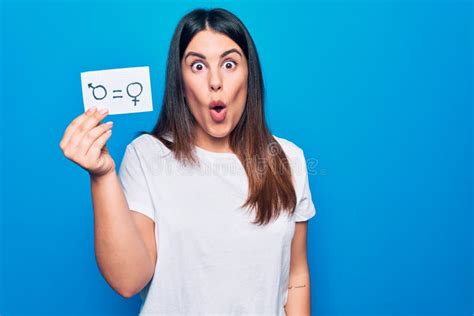 Beautiful Woman Asking For Sex Discrimination Holding Paper With Gender Equality Concept Scared