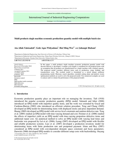 Pdf Multi Products Single Machine Economic Production Quantity Model
