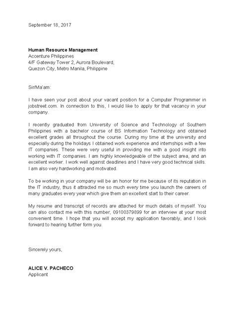 Sample Of Application Letter September 18 2017 Human Resource Management Accenture