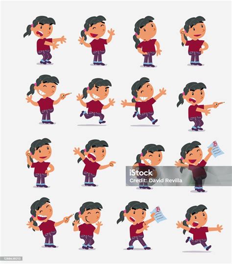 만화 캐릭터 흰색 어린 소녀 서로 다른 자세 태도 및 포즈로 설정하여 격리 된 벡터 일러스트레이션에서 다양한 활동을하고 있습니다 가족에 대한 스톡 벡터 아트 및 기타 이미지