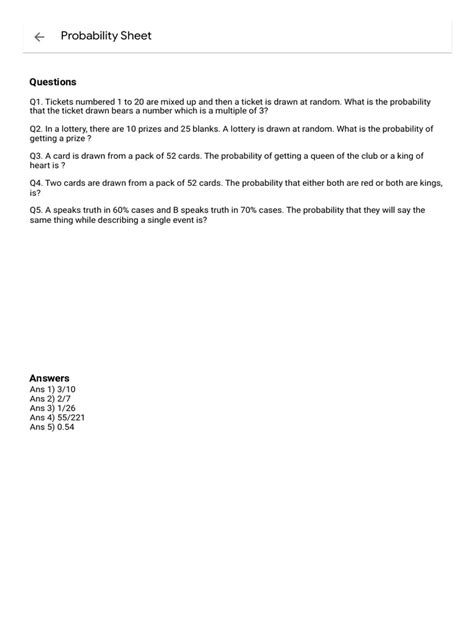 Probability Sheet Pdf