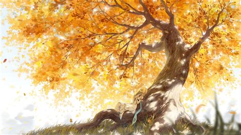 Lumine Lying Relaxing On The Autumn Tree Genshin Impact Live Wallpaper