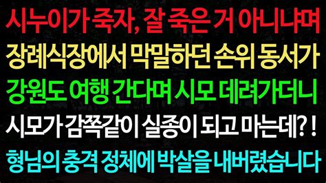 실화사연 시누이가 죽자 잘 죽은 거 아니냐며 장례식장에서 막말하던 손위 동서가 강원도 여행 간다며 시모 데려가더니 시모가 실종이 되고 마는데 노후 사연 오디오북 인생이