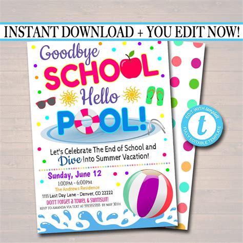 End Of School Pool Party Invitation Tidylady Printables