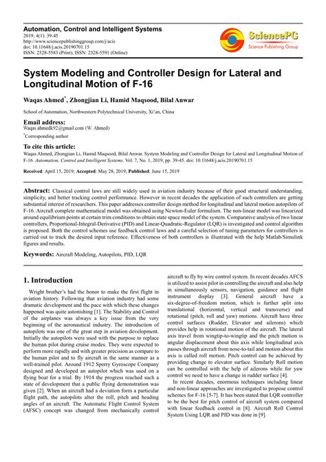 Pdf System Modeling And Controller Design For Lateral And Longitudinal Motion Of F 16