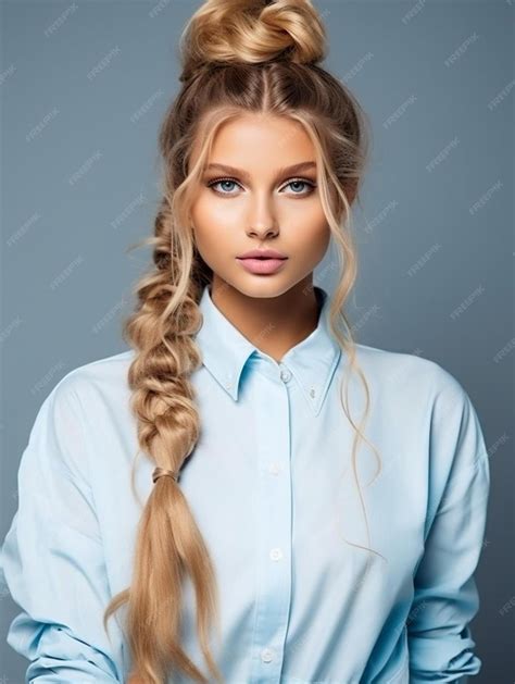Premium Photo A Woman With Blonde Hair And A Blue Shirt With A