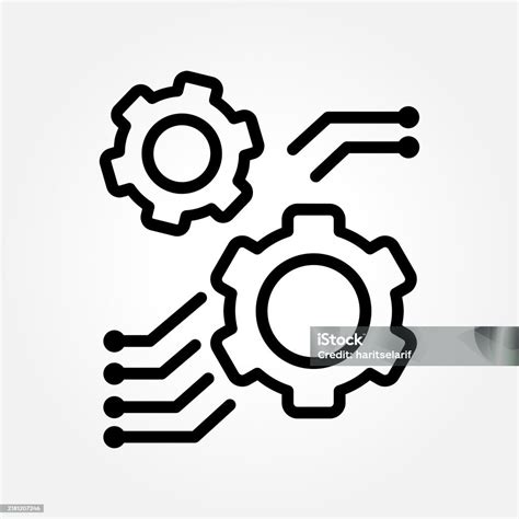 Insight 또는 Metric 아이콘과 같은 검은색 얇은 선 기어입니다 회로 평면 선형 추세 현대 스트로크 핀 기술 로고 타입 그래픽 웹 아트 디자인 요소 절연 통하고