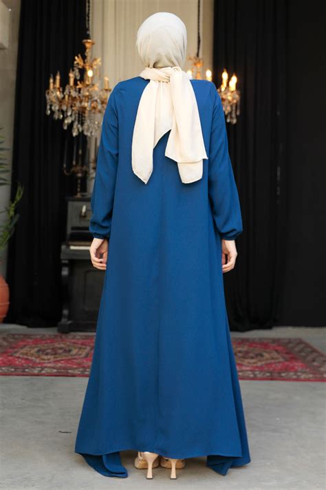 Fermuarlı İndigo Mavisi Tesettür Ferace 26301im