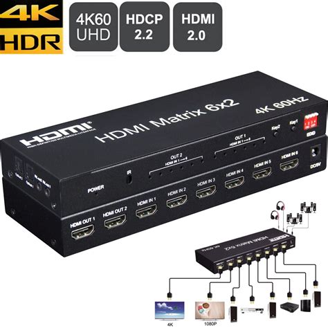 Buy Microware 4K 60hz HDMI Switch 6 Port HDMI Matrix Switch 6x2 HDMI Splitter 4K With Optical