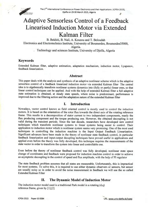 Pdf Adaptive Sensorless Control Of A Feedback Linearised Induction Motor Via Extended Kalman