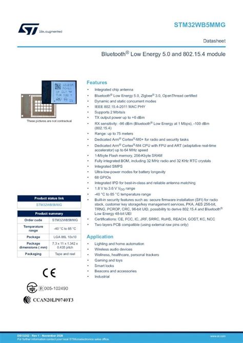 Pdf Datasheet Stm32wb5mmg Bluetooth® Low Energy 5 0 • Integrated Ipd For Best In Class