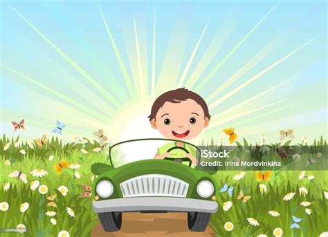 일출에 작은 차에 어린이 모험 아이는 페달이나 전기 장난감 자동차를 구동합니다 만화 일러스트레이션 여름 시골 풍경 벡터 가족에 대한 스톡 벡터 아트 및 기타 이미지 Istock