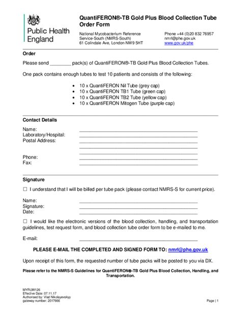Fillable Online Quantiferon Tb Gold Test Request Form Govuk Fax