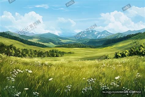Ai创作图手绘草原风光 草地原画 宽屏风景画 手绘草原草雪山 大草原插画 草原草丛背景大山脉 蓝天白云山脉草地背景 新疆草原插画 手绘森林山峰草地 夏季森林草原草场白云 原野风景画 草地场景
