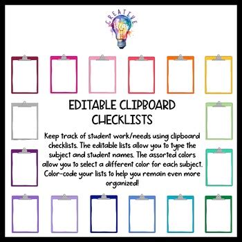 Editable Color Coded Clipboard Checklists By Creative Ideas Studio