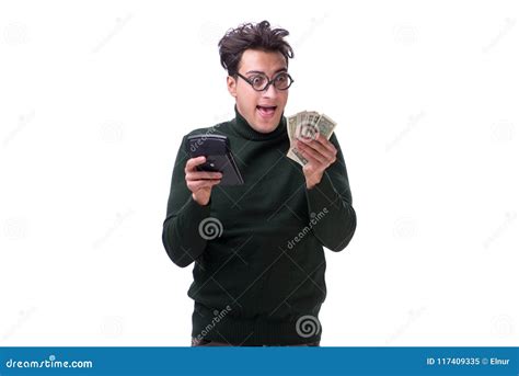 The Nerd Young Man With Calculator Isolated On White Stock Image Image Of Economy Funny