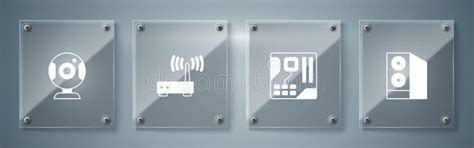 Set Case Of Computer Motherboard Digital Chip Router And Wi Fi Signal And Web Camera Square
