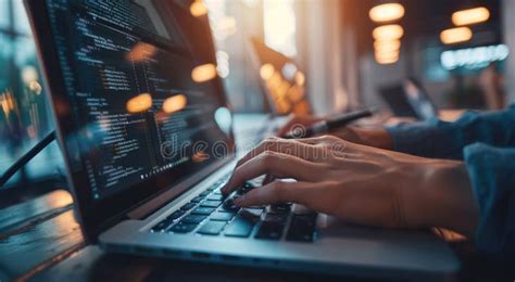 Closeup Image Showing Hands Typing On Laptop Keyboard In A Modern Office Setting Aig59 Stock