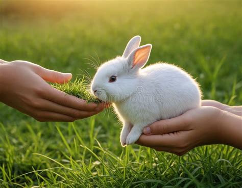 A Very Small Rabbit Cute White Eating Green Grass On Human Hands