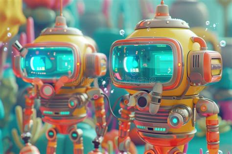 Futuristic Artificial Intelligence Robots With Scuba Diving Equipment
