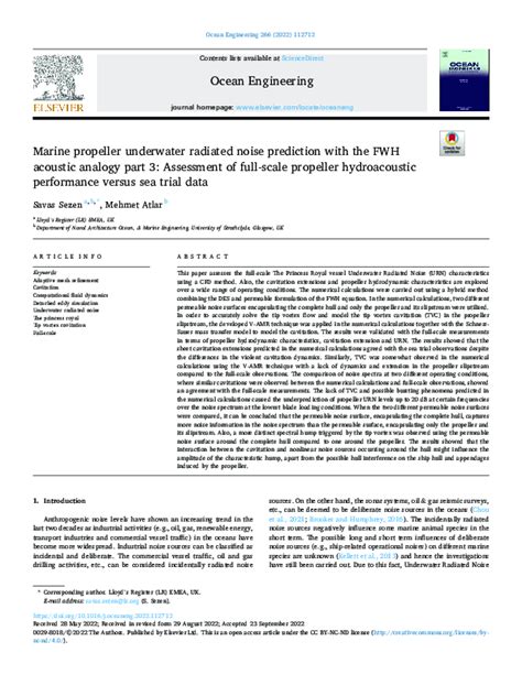 Pdf Marine Propeller Underwater Radiated Noise Prediction With The Fwh Acoustic Analogy Part 3