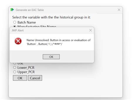 Solved Name Unresolved Button In Access Or Evaluation Jmp Alert Message Jmp User Community