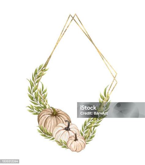 손으로 그린 수채화 호박 프레임 화이트 호박 Anf 금 기하학적 화환과 가을 배열 가을 야채 추수 감사절 카드 10월에 대한 스톡 벡터 아트 및 기타 이미지 Istock