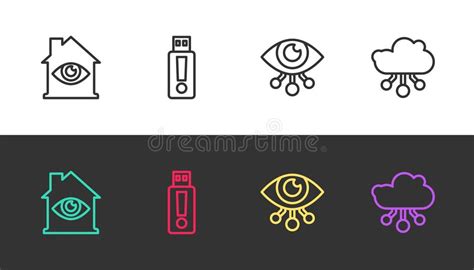 Set Line House With Eye Scan Usb Flash Drive Eye And Internet Of Things On Black And White