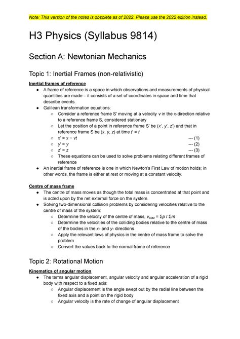Physics Summary Notes Note This Version Of The Notes Is Obsolete As