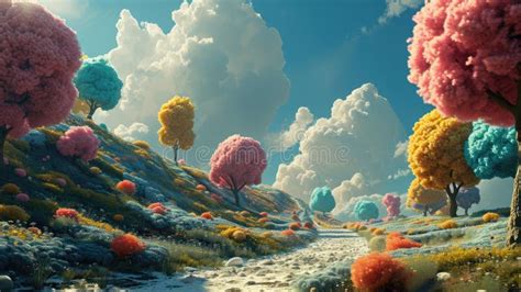 An Imaginary Vibrant Landscape With Fluffy Clouds And Trees Stock
