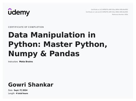 Completed Data Manipulation In Python On Udemy Gowri Shankar Posted