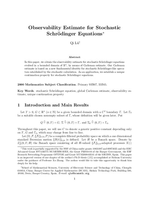Pdf Observability Estimate For Stochastic Schrödinger Equations