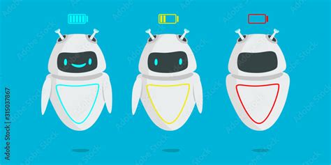Robot Set With Charging Status Flat Vector Illustration The Concept Of Charging Discharging