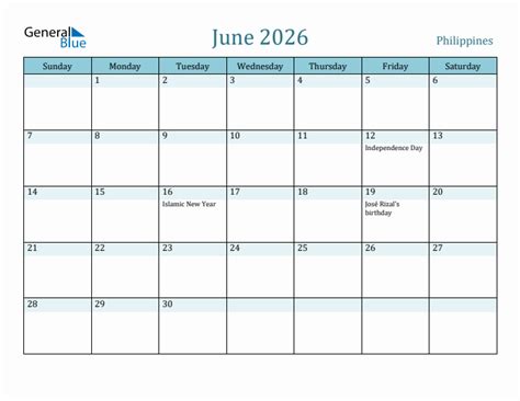 June 2026 Monthly Calendars With Philippines Holidays