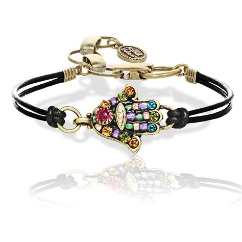 Jewish Jewelry Judaica Multicolor Stone Hamsa Leather Bracelet
