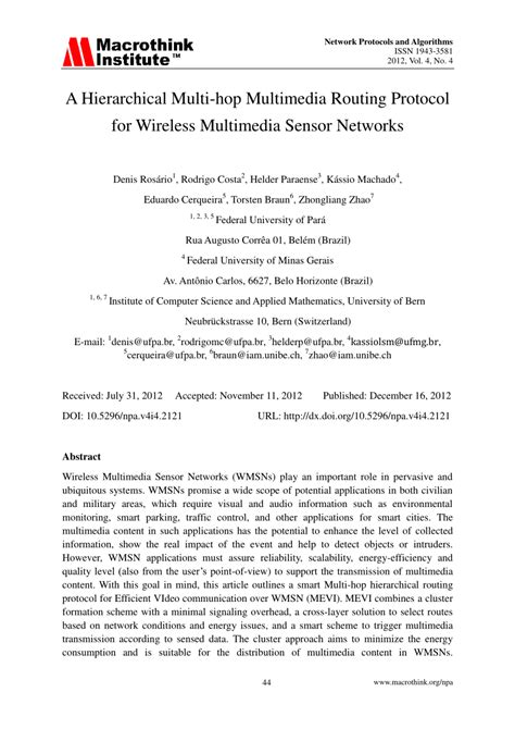 Pdf A Hierarchical Multi Hop Multimedia Routing Protocol For Wireless Multimedia Sensor Networks